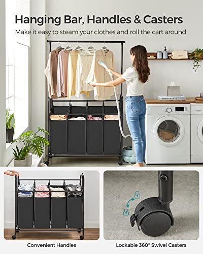 SONGMICS 4-Section Laundry Sorter, Rolling Laundry Cart with Hanging Bar, Laundry Organizer, Hampers for Laundry, Heavy-Duty, Lockable Wheels, 4 x 13.2 Gal., Black URLS44B