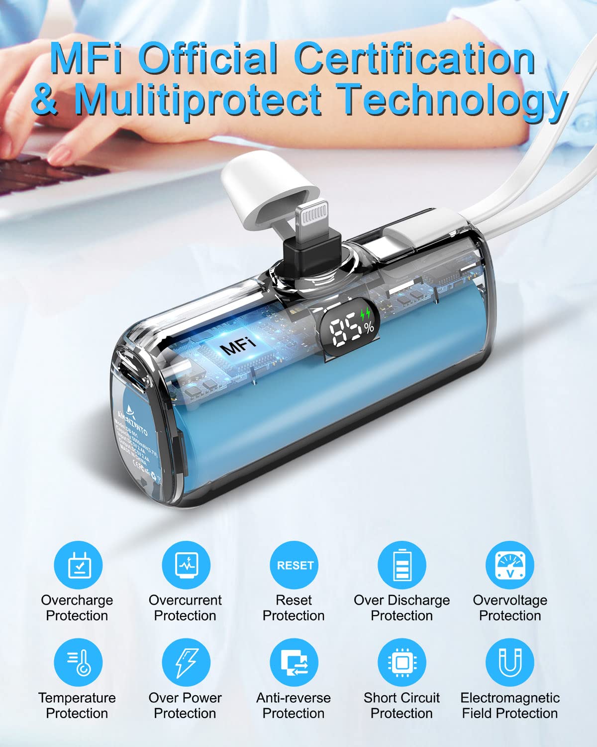 Aimenzunto Small Portable Charger, 5000mAh Lightning & USB C Dual Output Power Bank, LED Display Battery Pack Fast Charging for iPhone 14/13/12/11 Samsung S22/S21 Google Pixel Moto LG and More, White