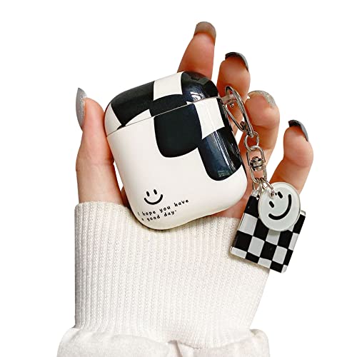 BONICI Protective Case for AirPods 1/2, Creative Elegant Art White Black Grid Plaid Smiling Face Soft Silicone TPU Rubber Lightweight Ultra Thin Cover Earbud Earphone Wireless Charging Case +Keychain