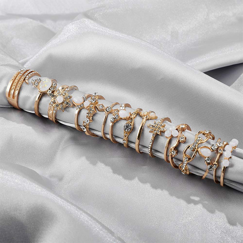 Aimimier 17 Pcs Bohemian Stackable Joint Knuckle Ring Set Crystal Opal Genstone Sun Star Finger Ring Diamond-studded Midi Rings for Women