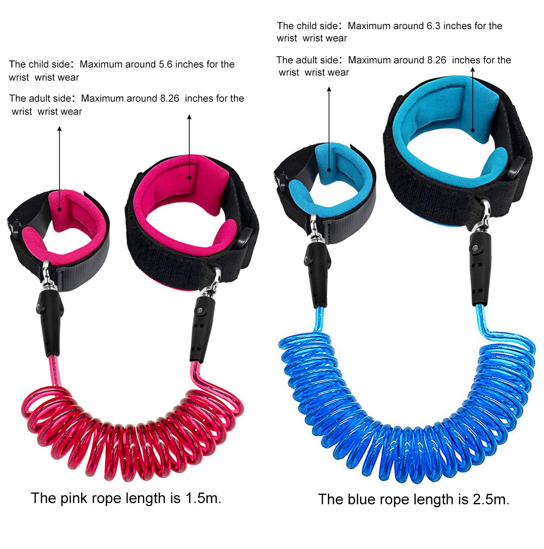 Blisstime Anti Lost Wrist Link Safety Wrist Link for Toddlers, Babies & Kids,Pack of 2 Rose Red 4.9ft and Blue 8.2 ft