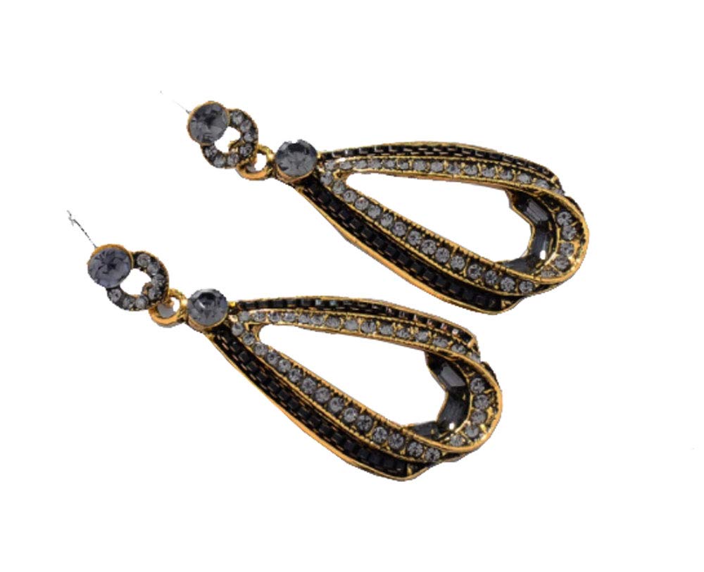 Antique Gold Bronze Tone Art Deco Vintage Gatsby Flapper Style Grey Onyx Jet Black Gray Rhinestone Dangle Earrings