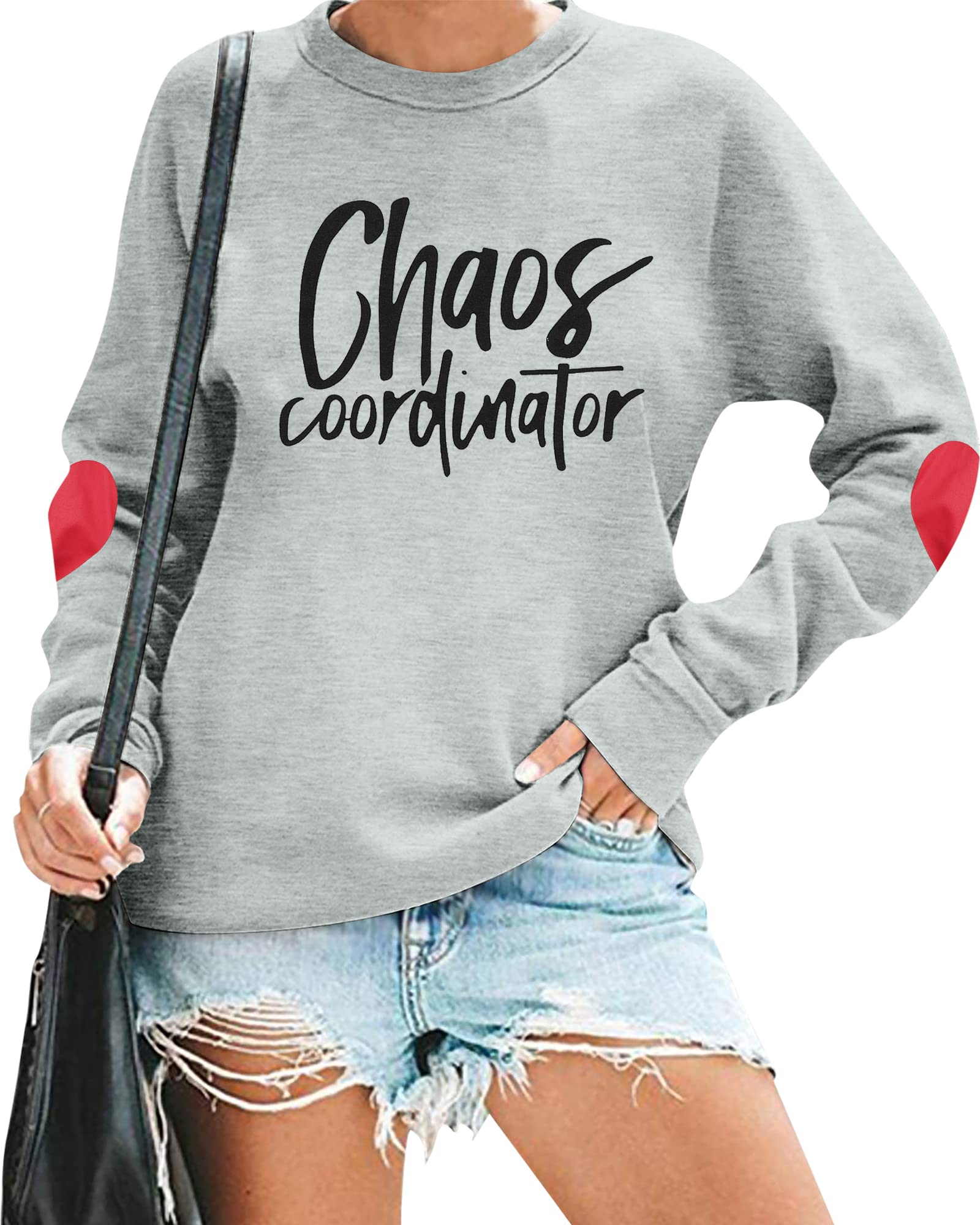 ASTANFY Women Chaos Coordinator Pullover Sweatshirts Teacher Cute Funny Heart Letter Print O Neck Blouse Grey
