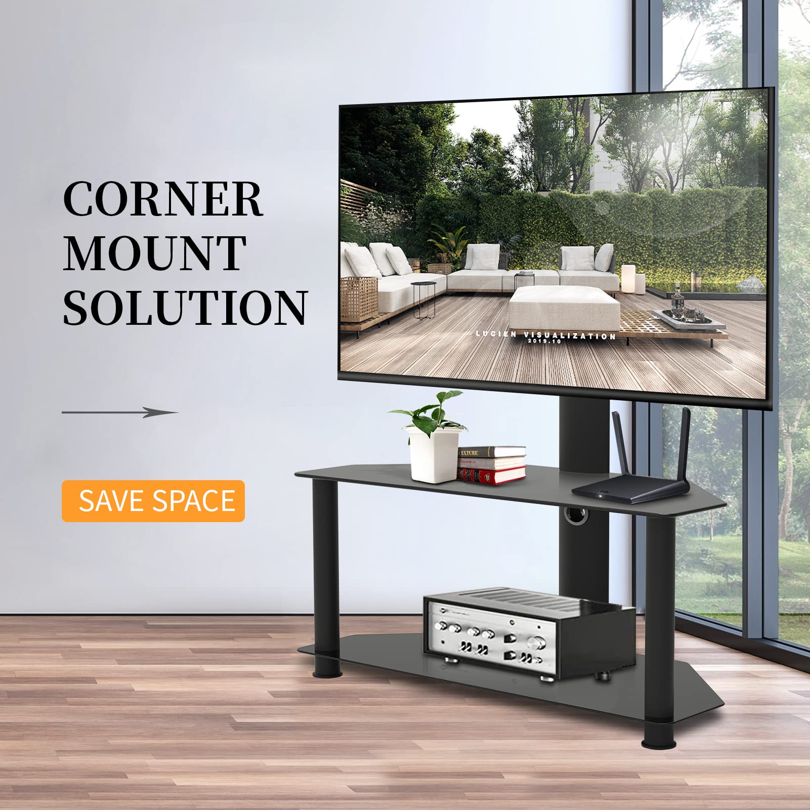Universal Floor TV Stand with Height Adjustable and Media Shelf for 32-70 inch Flat Screen TV, Swivel TV Mounts Stand with Solid Wood Base for Living Room (Walnut)
