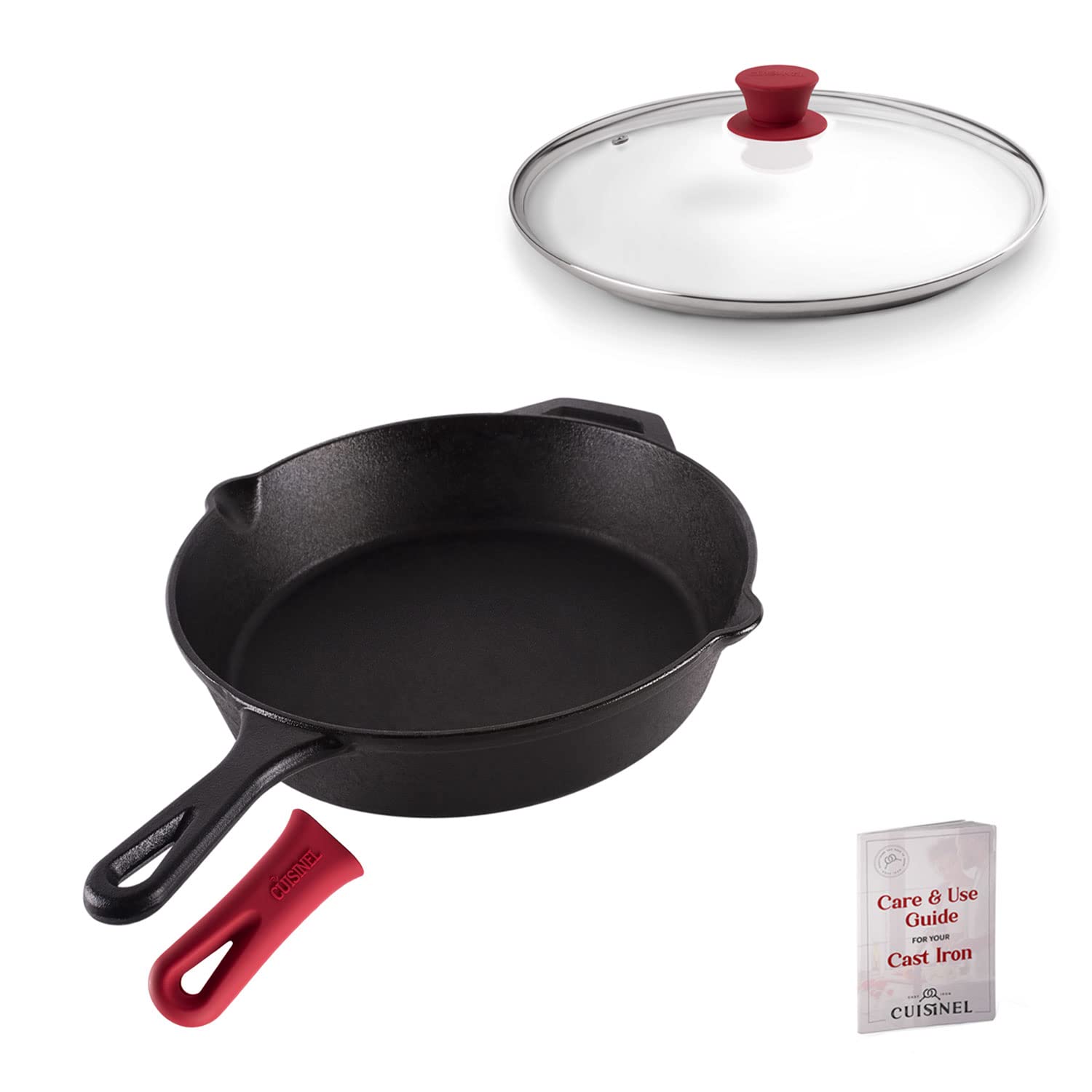 Cast Iron Skillet - 12"-Inch Frying Pan with Assist Handle and Pour Spots + Silicone Grip Cover + Glass Lid with Steam Vent Hole - 12"-Inch/30.48-cm - Compatible with Lodge Cast Iron Skillet Pan