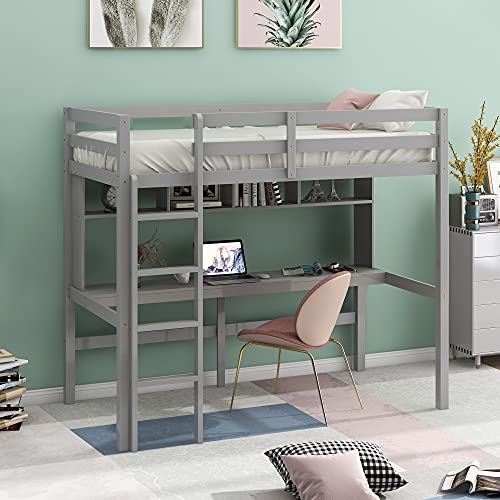 DEYOBED Twin Size Wooden Loft Bed Frame with Desk and Shelves - Create an Efficient and Stylish Workspace for Kids, Teens, and Adults