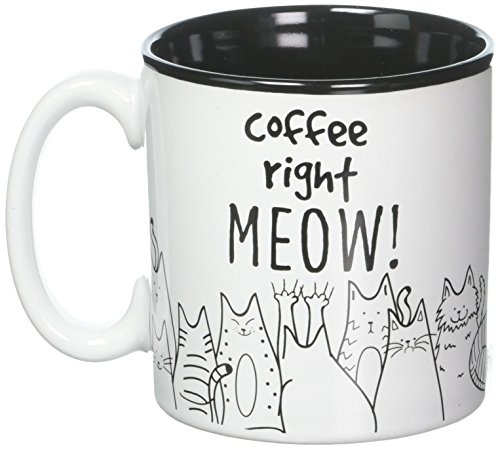 BnB Cat Lovers Mug Coffee Right Meow Funny Message Novelty Ceramic Cup for Java, Hot Tea or Hot Chocolate 13 oz 3.75 in H x 5 in W x 3.5 in D, Black and White with Feline Animated drawings, One in box