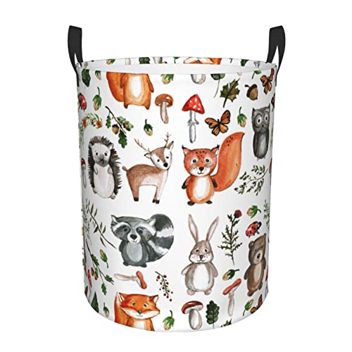 Woodland Animals Watercolor Bear Deer Squirrel Owl Mushroom Laundry Hamper With Handle Foldable Durable Laundry Basket Storage Bin Dirty Clothes Organizer Bag For Bedroom Bathroom Nursery