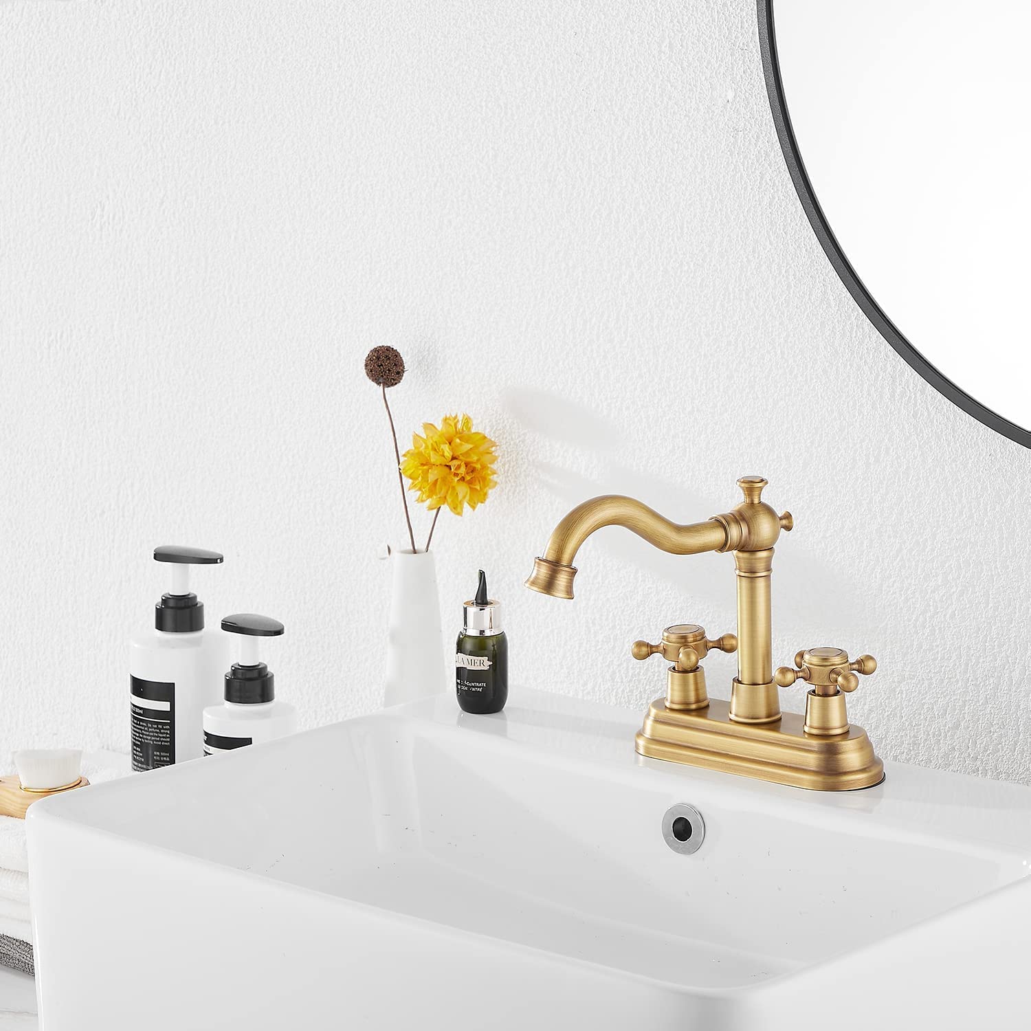 Bathroom Faucet Antique Brass GGStudy 2 Handles 4 Inches Centerset RV Bathroom Vanity Faucet with Drain Assembly and Supply Hose Lavatory Faucet Mixer Double Handle Tap