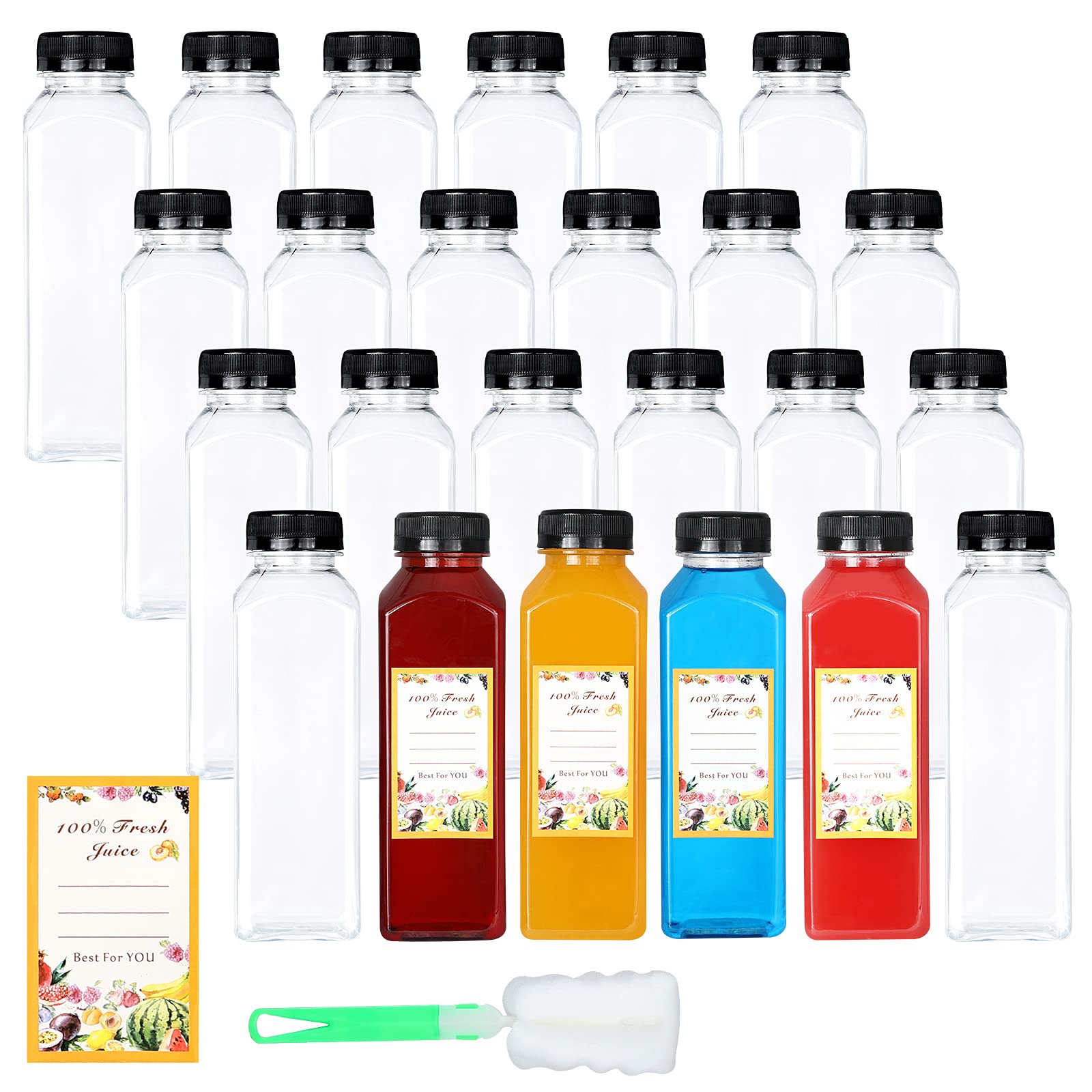 DANALLAN 24Pcs12oz Empty Juice Bottles with Caps, Premium Reusable Plastic Bottles Juice Container Transparent Black Leak-proof Lids for Drink Juice Smoothie Milk Beverages Water