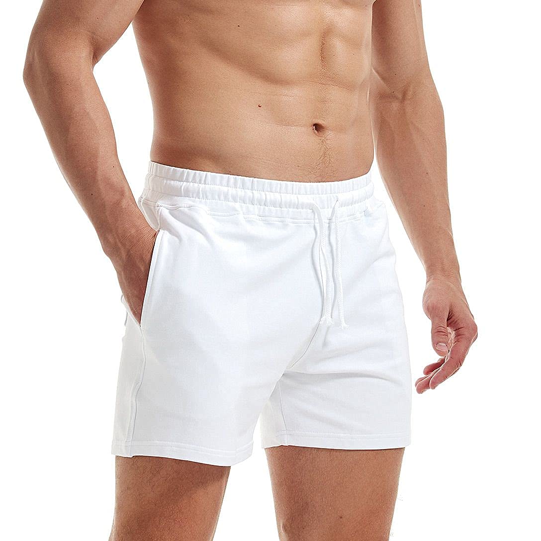 AIMPACT Mens Short Athletic Running Sweat Shorts 5 Inch Inseam Cotton Soft Lounge Jogging Workout Gym Casual Shorts with Pockets (White M)