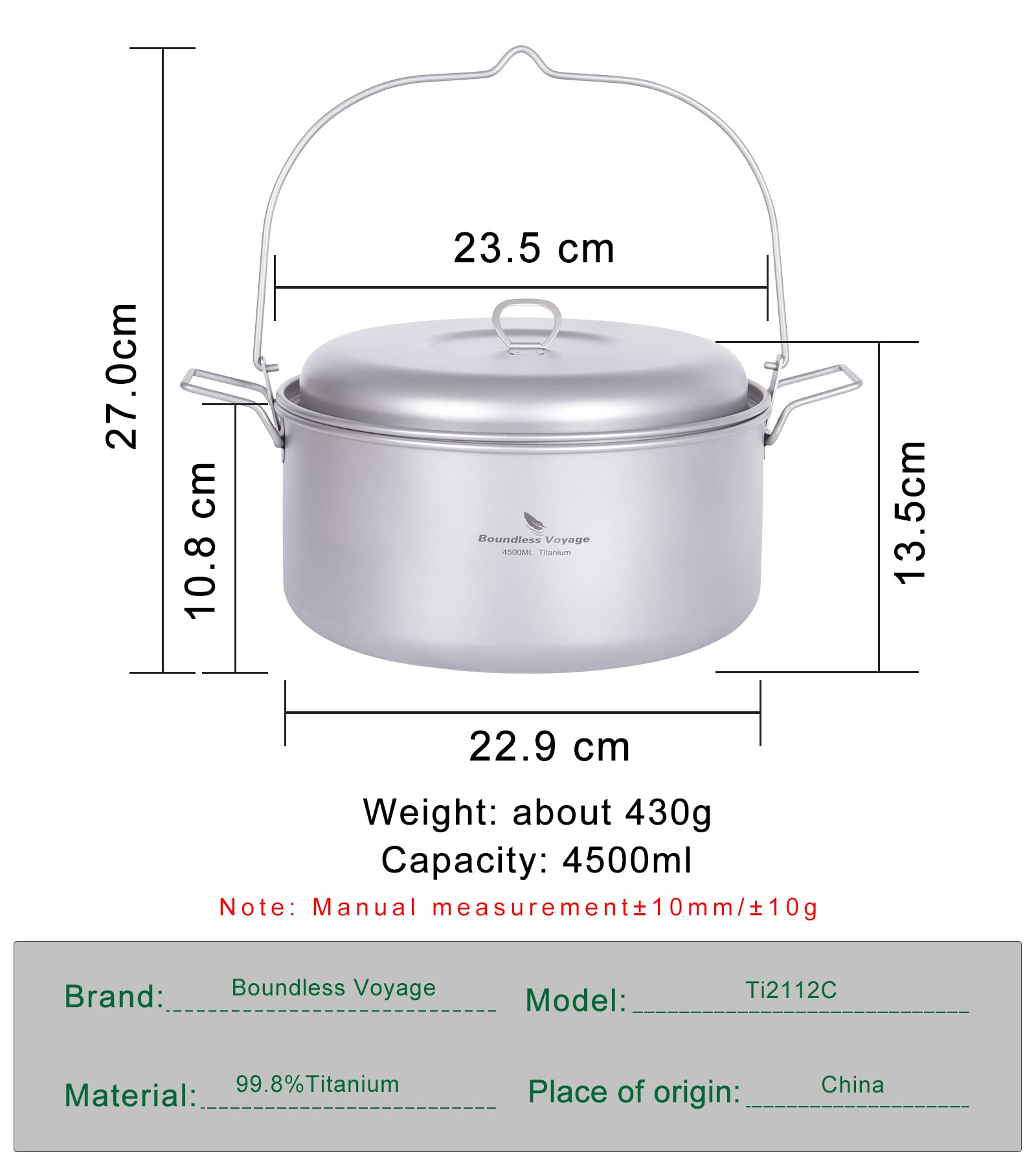 Boundless Voyage Titanium 4.5L Hanging Pot with Steaming Rack Folding Handle Outdoor Camping Cooking Stockpot Steamer Set (4.5L Pot)
