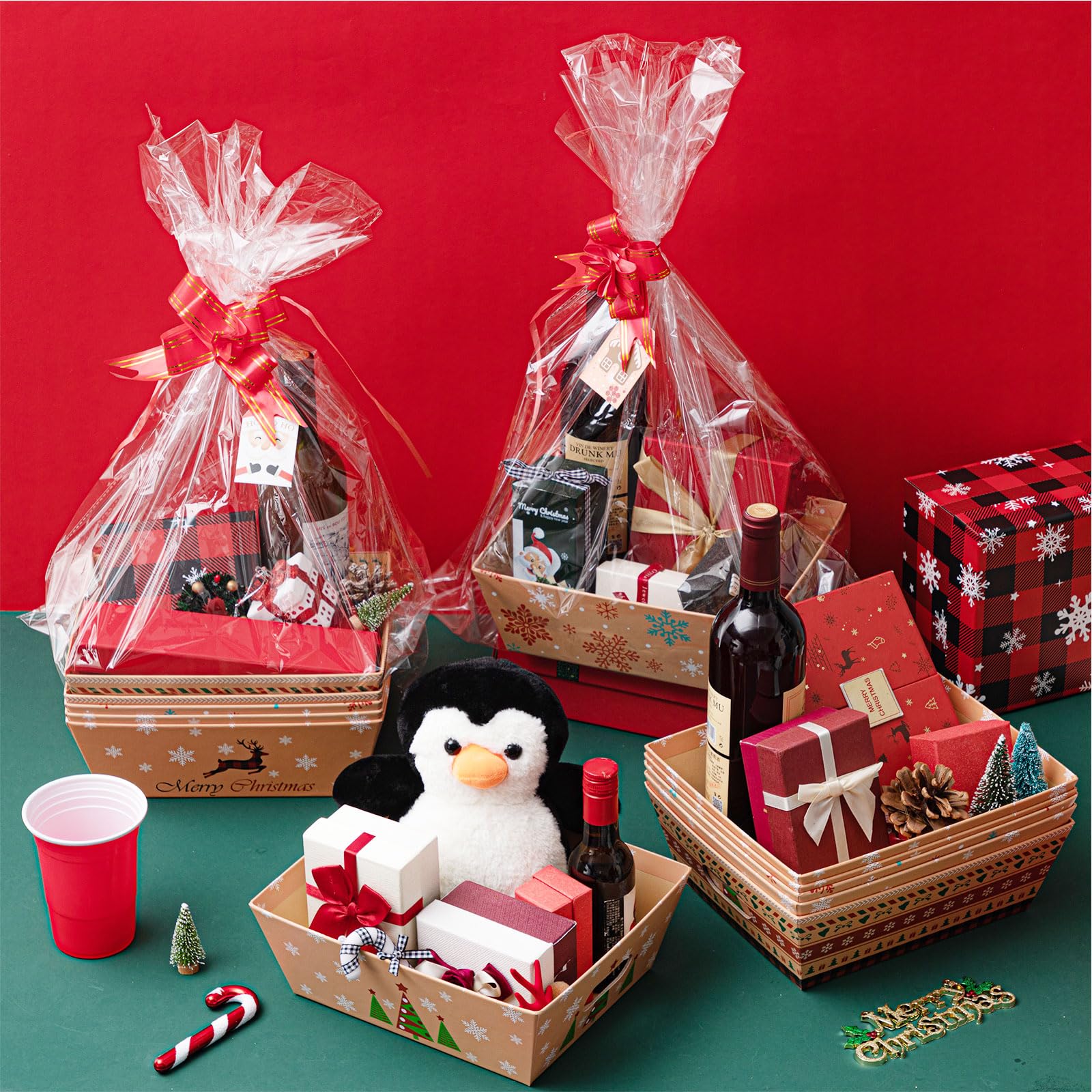Cholemy 12 Sets Large Christmas Basket for Gift Empty Gift Basket Kit Gift Basket Empty to Fill with Handles Wine Basket Kraft Cardboard Tray for Christmas Birthday Party Gift Wrapping (Red,Classic)