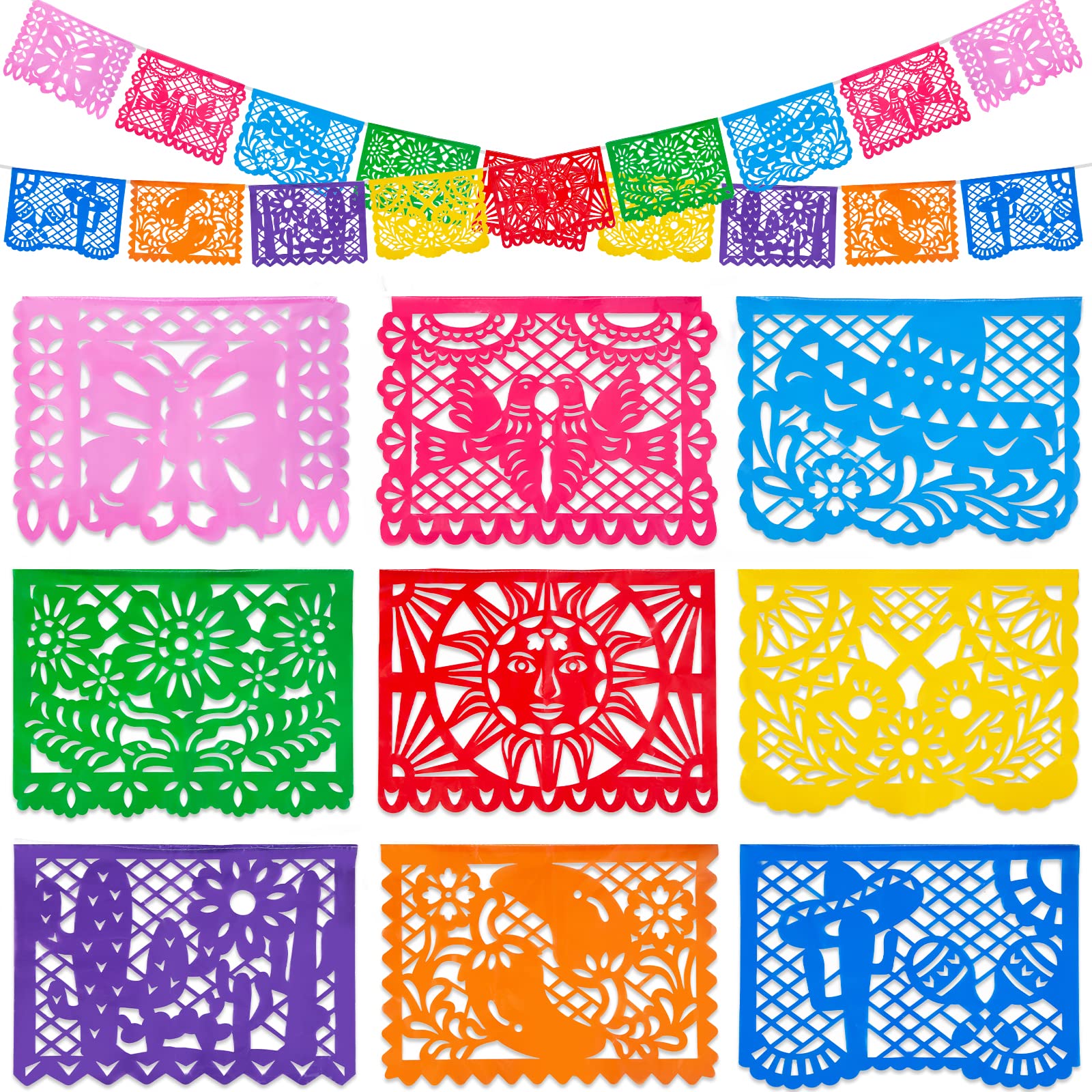 DomeStar Mexican Party Banner, 18Ft Plastic Fiesta Banner Papel Picado Banner Multicolor Cinco De Mayo Decorations for Mexican Theme Party Birthday Dia De los Muertos