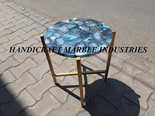 Blue Agate Round Table Top 18" x 18" Inch With Metal Stand, Blue Agate Side Table And Stand, Customized Blue Agate Table, Agate Stone Round Table, Family Heir Loom, Piece Of Conversation