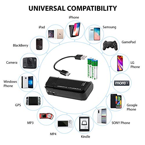 Success4Sport Portable AA Battery Travel Charger Works for GoPro HERO7 White and Emergency Re-Charger with LED Light! (Takes 2 AA Batteries,USB-C) [Black]