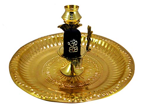 Crafting Bear Shaligram Shiva Ling Lingam Statue Marble Stone Snake Trishul Set Brass Stand with Decorative Pooja Thali for Home Temple Decor, 8 cm