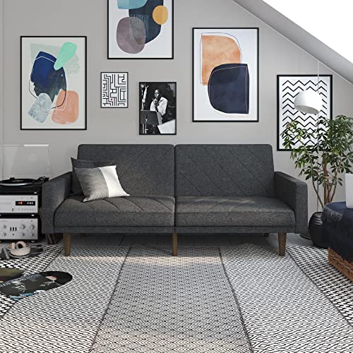 DHP Paxson Convertible Futon Couch Bed with Linen Upholstery and Wood Legs - Grey, Twin