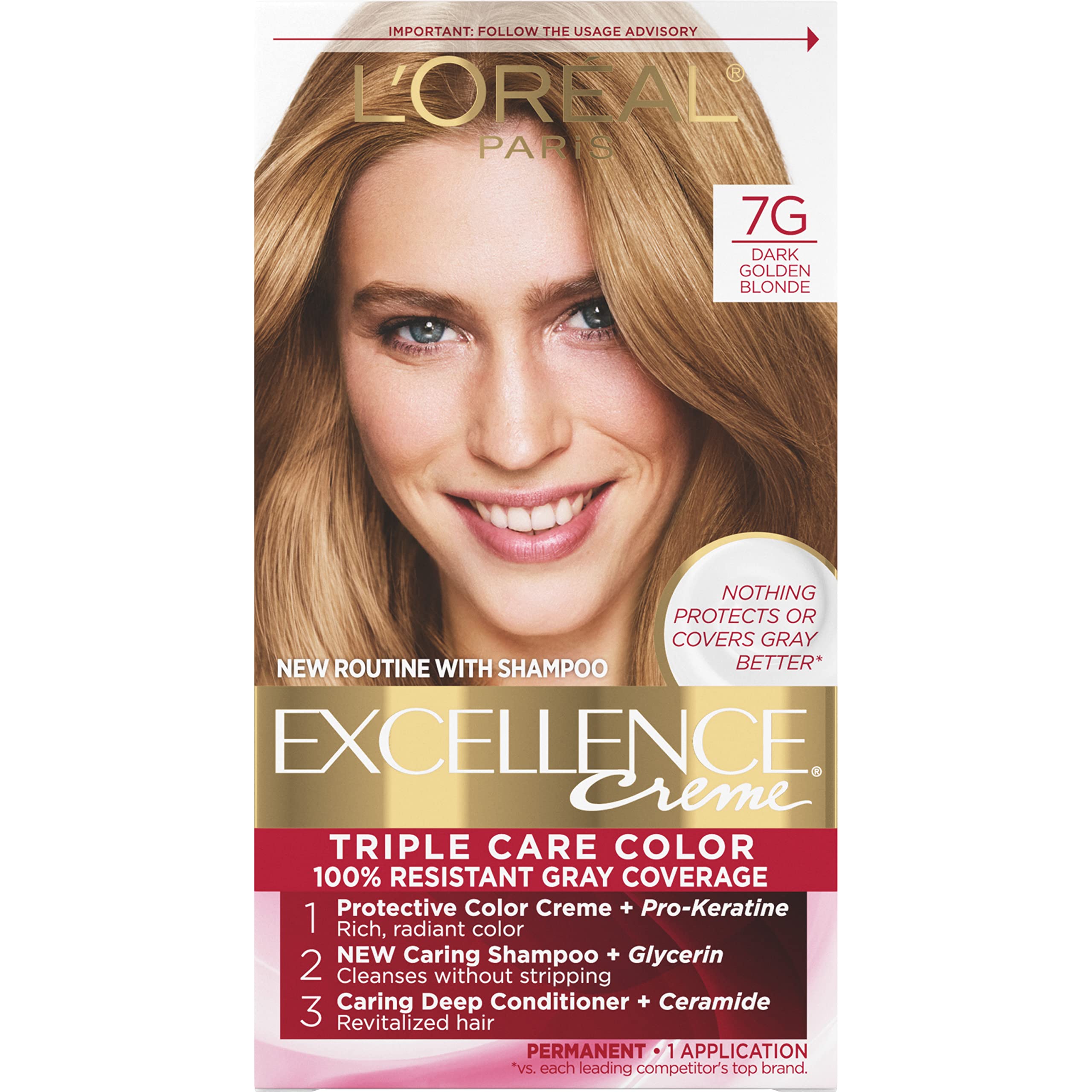 L'Oreal Paris Excellence Creme Permanent Triple Care Hair Color, 7G Dark Golden Blonde, Gray Coverage For Up to 8 Weeks, All Hair Types, Pack of 1