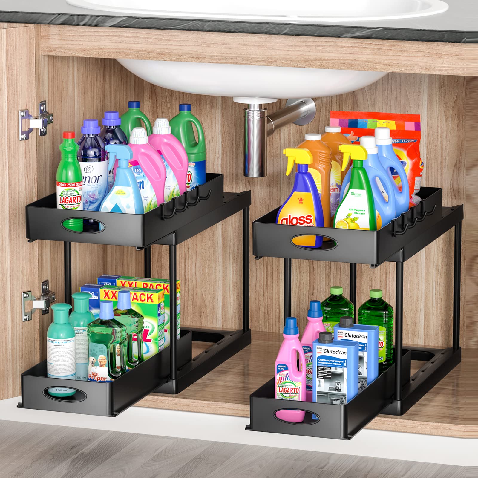 Avaspot Under Sink Organizers and Storage, 2 Pack Under Sliding Cabinet Organizer Double Pull Out Kitchen Bathroom Sink Organizer
