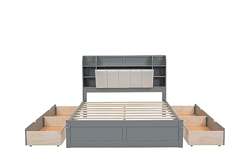 DNYN Queen Size Platform Bed with Storage Shelves & 4 Drawers & Upholstery Headboard Design,Multifunctional Wooden Bedframe w/Wood Slat Support,Super Save Space,Perfect for Bedroom,Guest Room, Gray