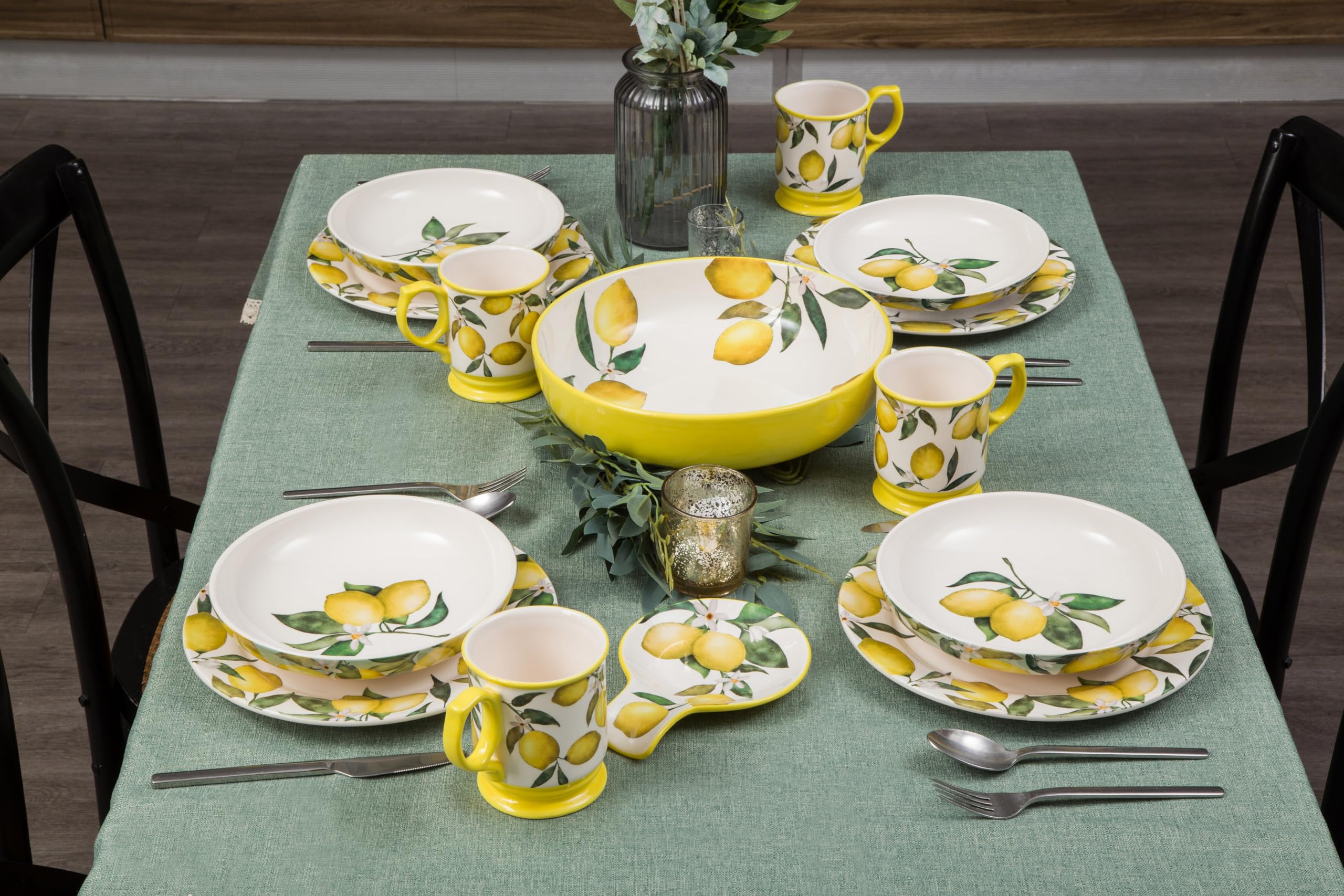 Bico Lemon Dreams Ceramic Pasta Bowl, Set of 5(1 unit 214oz, 4 units 35oz), for Pasta, Salad, Microwave & Dishwasher Safe