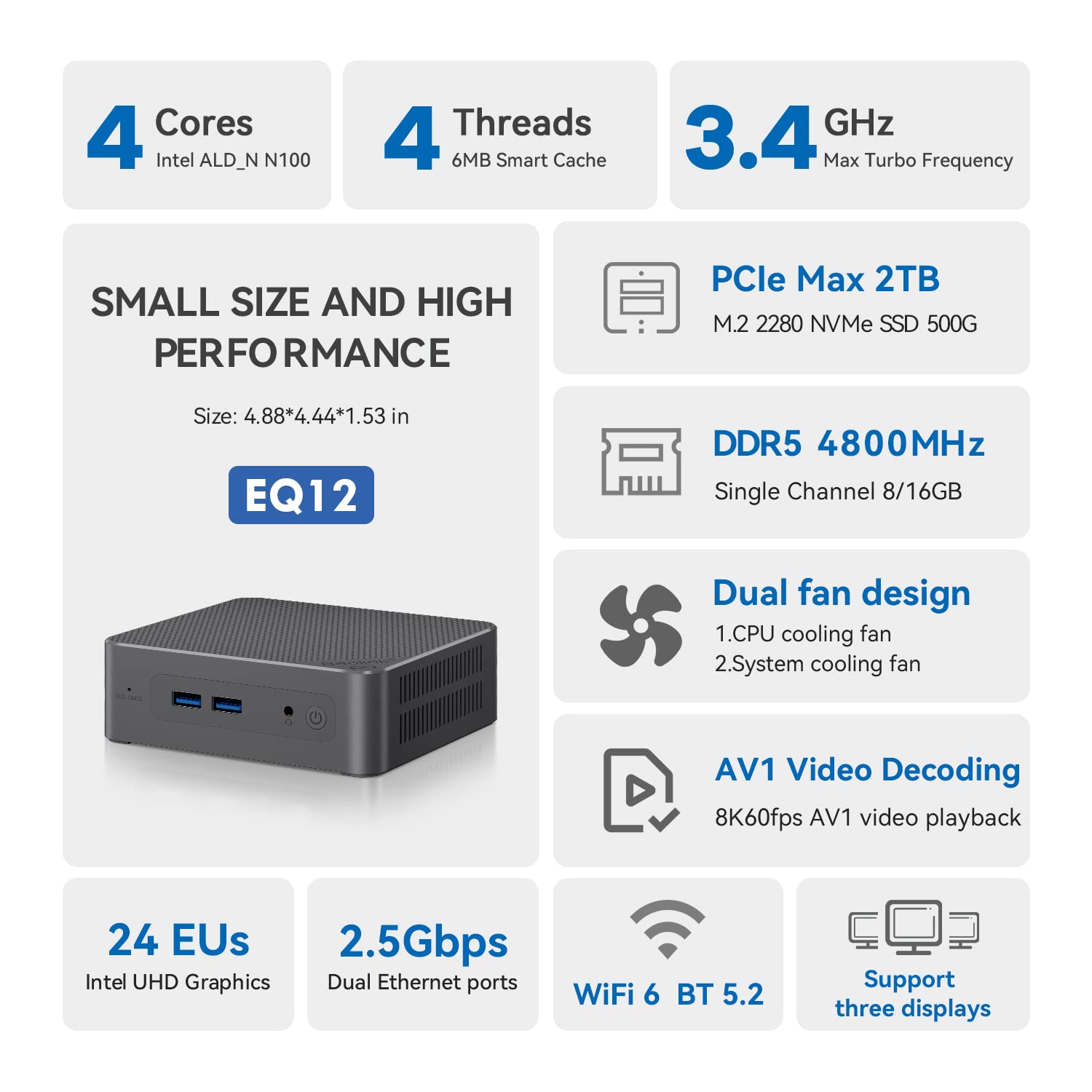 Beelink EQ12 Mini PC, Intel 12th Gen Alder Lake-N100(4C/4T, Up to 3.4GHz), 16GB DDR5 RAM 500GB PCIe3.0 x1 SSD, Mini Desktop Computer Support 4K Triple Display/USB3.2/WiFi6/BT5.2/Dual 2.5Gbps/HTPC/ROS