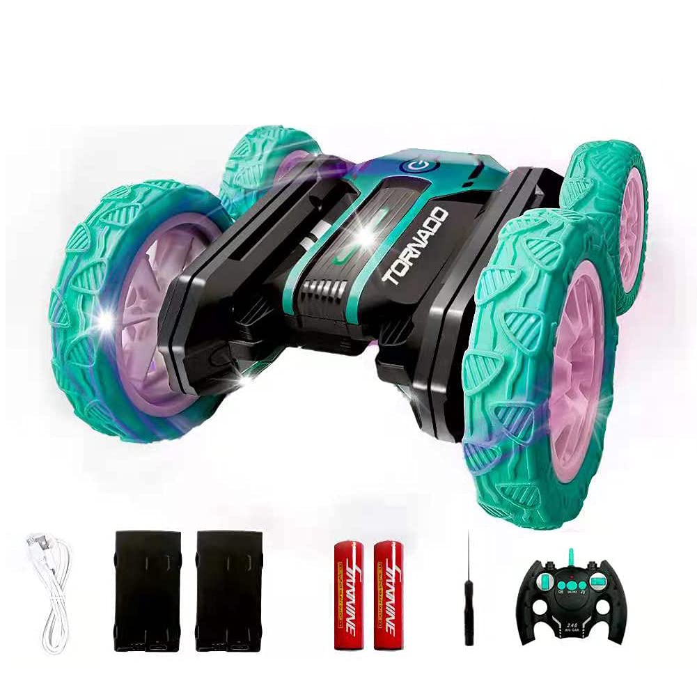 Netsky Remote Control Car for Boys Girls, RC Stunt Car 4WD 2.4Ghz Double Sided 360°Rotating RC Cars Toy for 3 4 5 6 7 -12 Years Kids,RC Crawler with Music and Led Lights (Green)