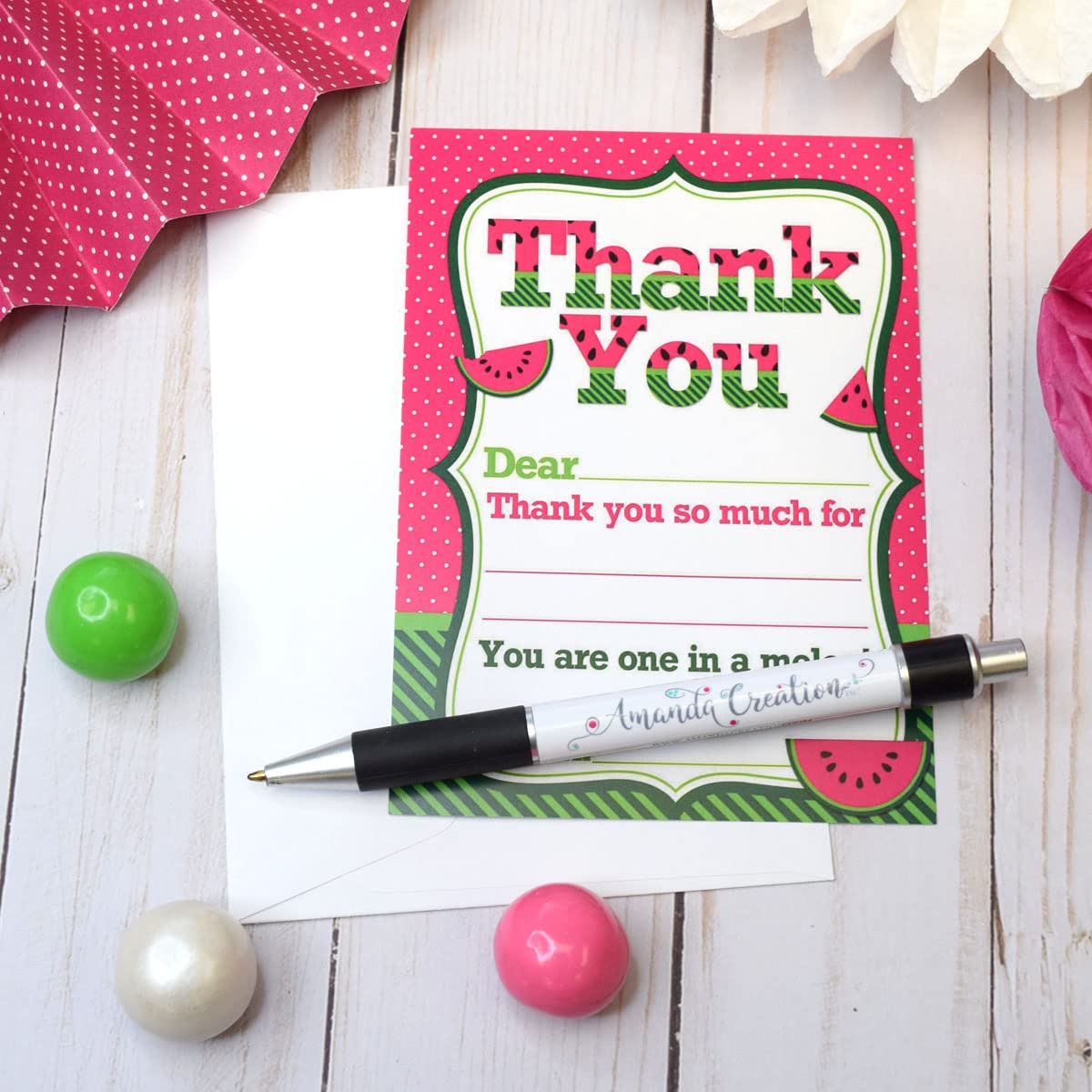 Pink Watermelon Sweet Celebration Birthday Thank You Notes, Ten 4" x 5.5" Fill In The Blank Cards with 10 White Envelopes by AmandaCreation
