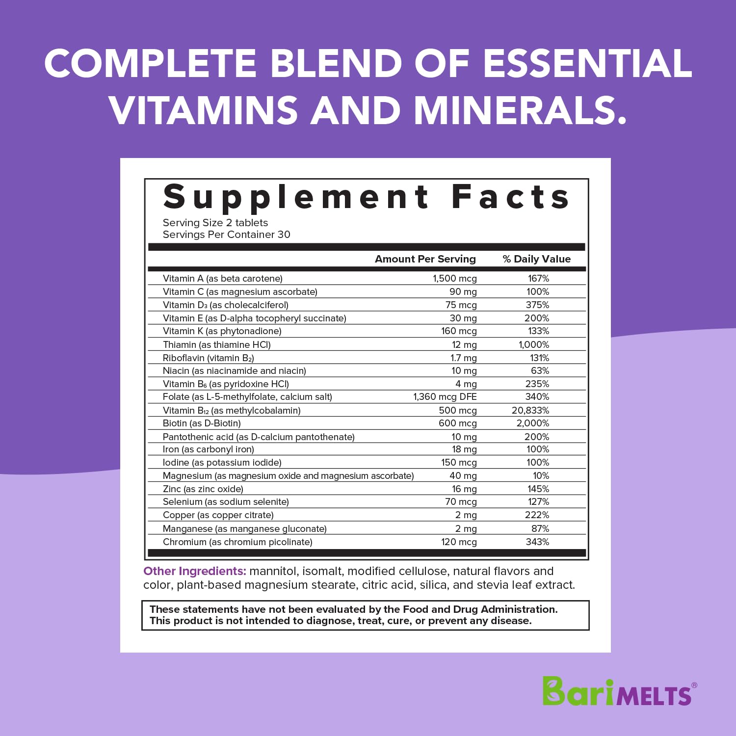 BariMelts Bariatric Multivitamin with Iron - 1 Month Supply (60 Fast-Dissolving Tablets) - Post-Op Bariatric Vitamins