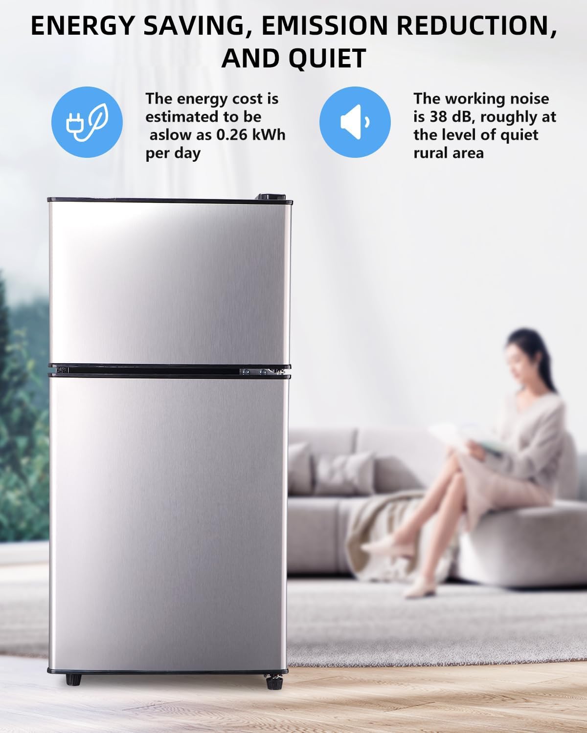 Geekman 3.5 Cu.Ft Mini Fridge with Freezer, Double Door Mini Fridger with 7 Level Adjustable Thermostat, Mini Refrigerator with interior LED light, Perfect for Dorm, Office, Bedroom&RV, Silver