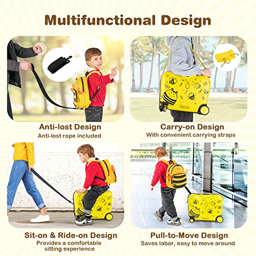 BABY JOY 2PC Kids Luggage Set, 4 in 1 Toddler 18β Ride-on & Carry-on Hardshell Suitcase with Wheels, Anti-Lose Rope, 12β Backpack Set, Lightweight Travel Rolling Trolley for Boys Girls (Cute Bee)