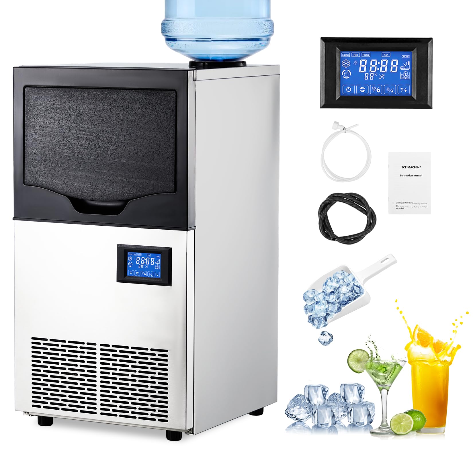 Commercial Ice Maker Machine, 140Lbs/24H with 2 Water Inlet Modes and 22Lbs Bin, Stainless Steel Under Counter/Freestanding Ice Machine for Home/Shop/Office/Bar,110V