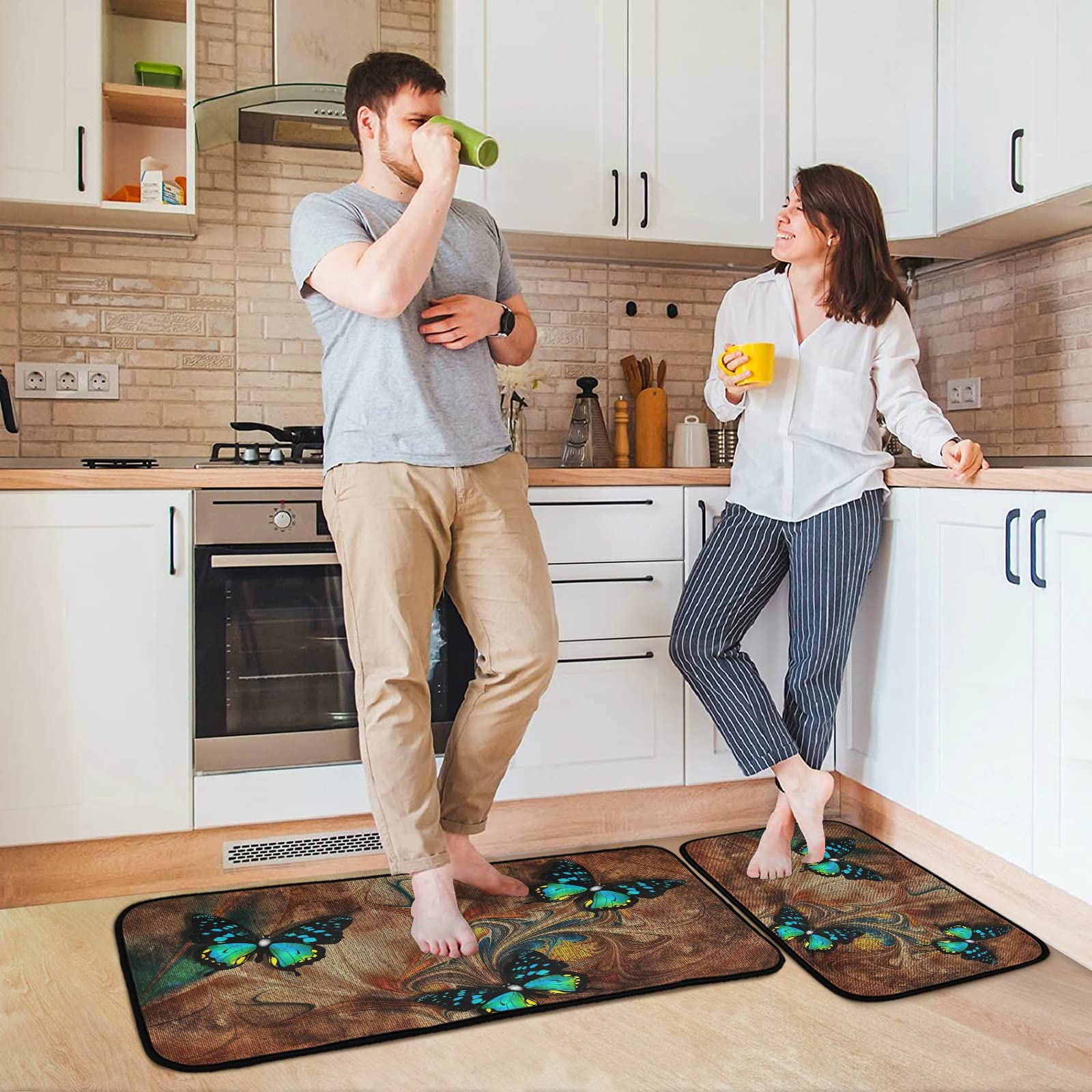 Blue Butterfly Brown Background Kitchen Mats and Rugs Set of 2 Cushioned Anti Fatigue Comfort Waterproof Runner Carpets for House,Sink,Office,Kitchen