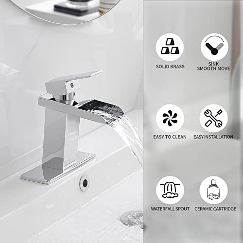 BWE Waterfall Bathroom Faucet Chrome Polished Modern Sink Bath Single Hole Handle Lavatory Vanity Washbasin Mixer Tap Brass Material with Water Faucets Supply Hose