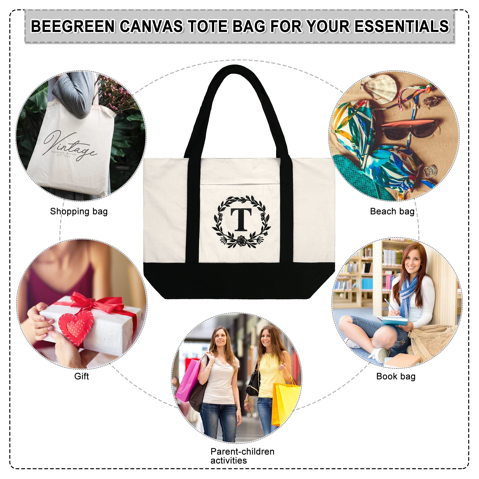 BeeGreen Initial Embroidery Beach Tote Bag with Zipper Inner Pocket, Large 12oz Canvas Tote Bag Monogrammed Personalized Gift Bag for Mother's Day Women Bride(Letter T)