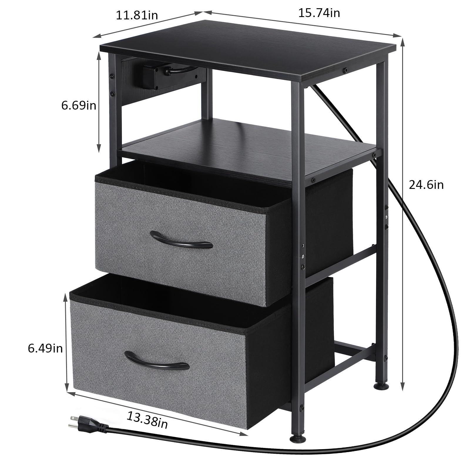 NANANARDOSO Nightstand with Charging Station, Small Bedside Table with 2 Fabric Drawers and Storage Shelf, Rustic End Table for Small Space Bedroom Living Room, Black