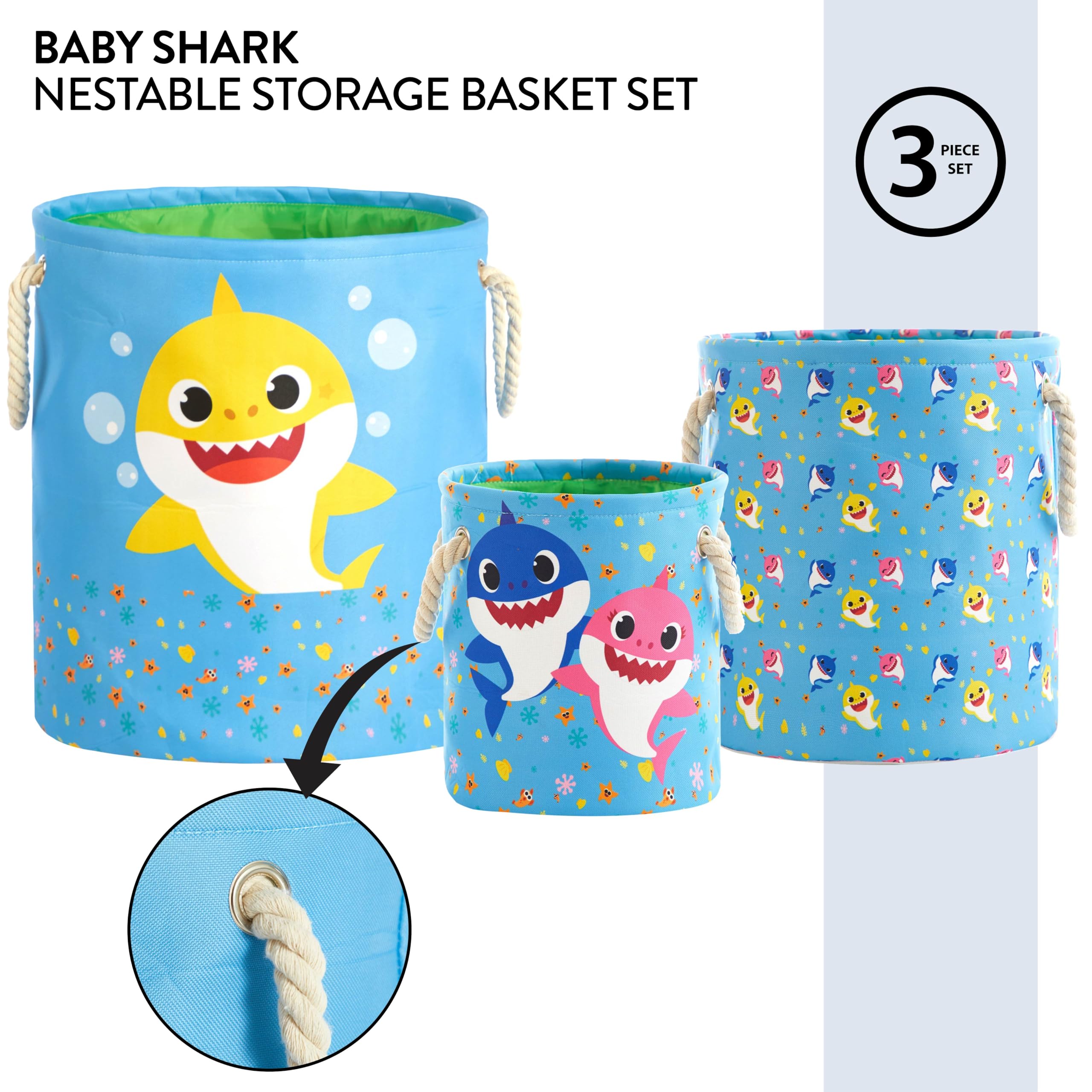 Idea Nuova Baby Shark 3 Piece Multi Size Fabric Nestable Toy Storage Basket Set, with Rope Carry Handles