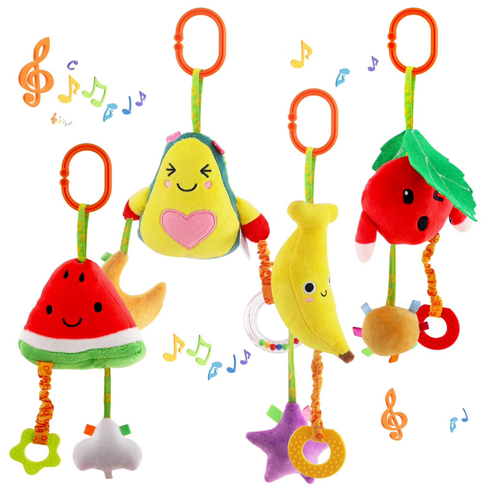 KAKIBLIN Baby Hanging Toys, 4 Pack Carseat Toys,Early Baby Cognitive Sensory Hanging Bassinet Toys,Soft Hanging Toys for Crib Stroller Baby Gym Mobile Plush Toys,Suitable for Babies 0-12 Months,Fruit
