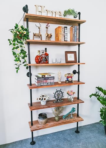 Anynice 6 Tier Industrial Ladder Pipe Shelf Bookcase, Rustic Wall Mounted Pipe Bookshelves for Decor and Storage