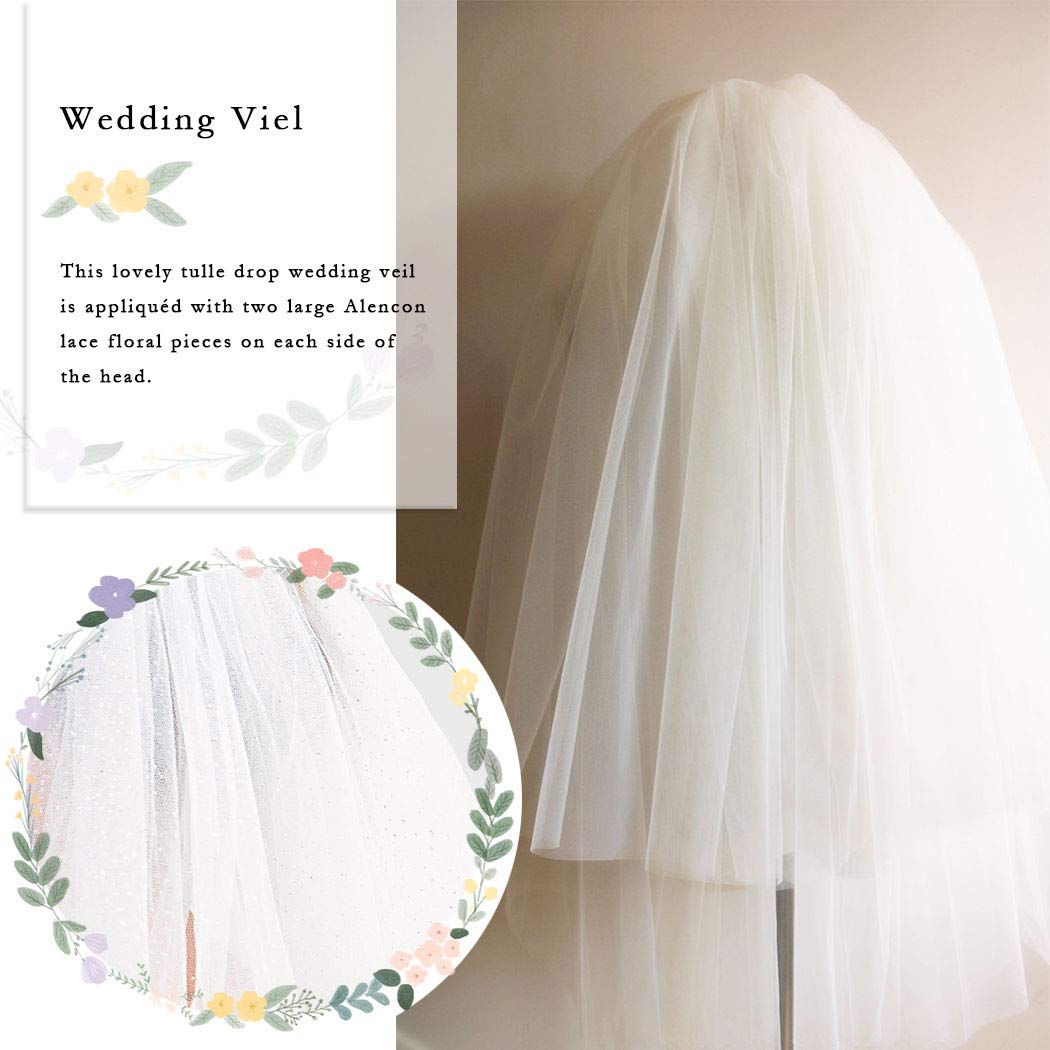 Aiosy Bridal Wedding Veils Short 2 Tier White Tulle Blusher Veil with Comb Bride Hair Accessories for Women and Girls (White)