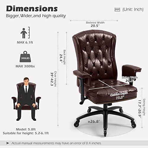 YAMASORO High Back Ergonomic Executive Office Chair with Wheels and Arms, Tufted Back & Nailhead Trim, Home Office Desk Chairs for Home & Office, Faux Leather Swivel Work Chair,Brown