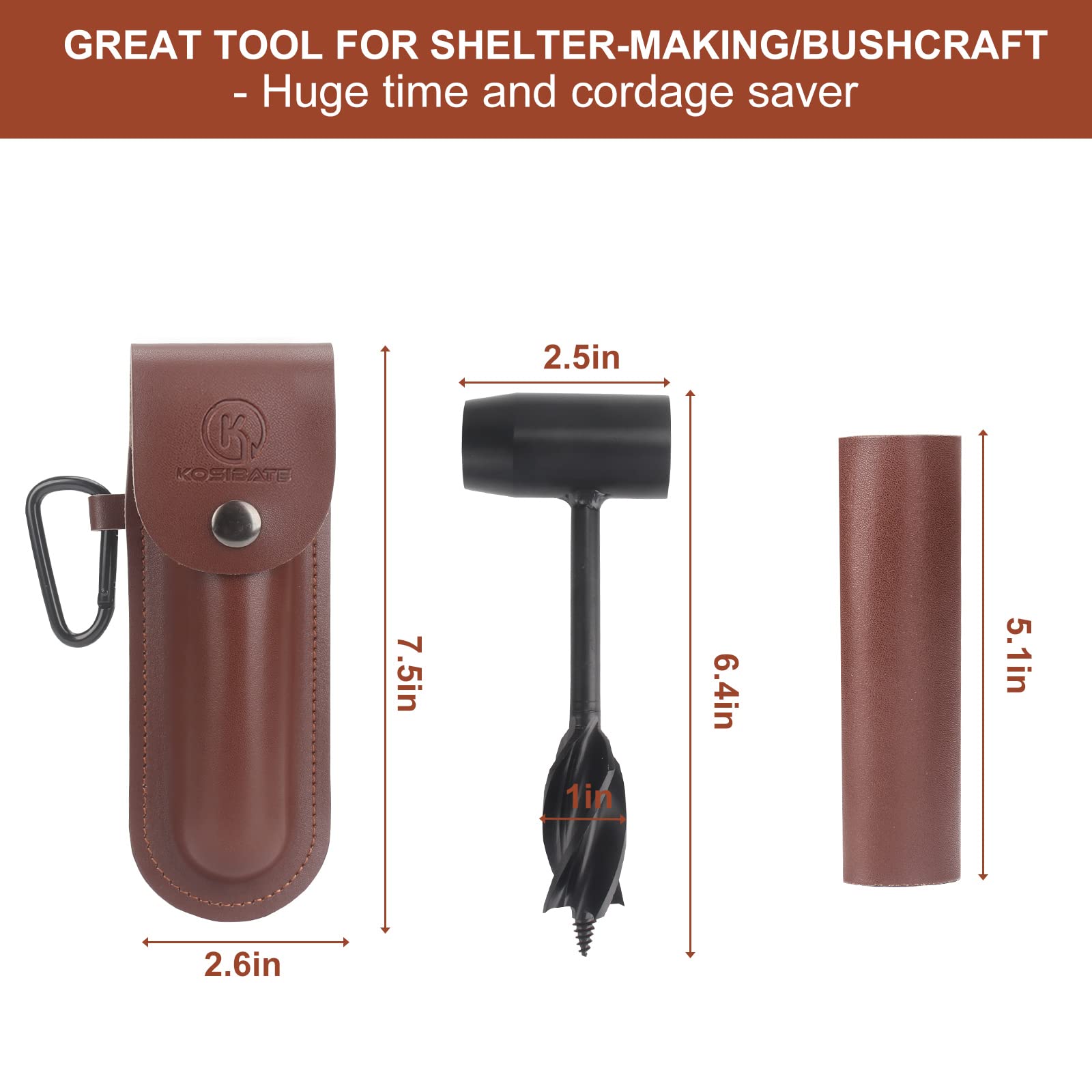 Kosibate Bushcraft Tools,Camping and Outdoor Backpacking Gear,Survival Tools for Bushcraft Settlers Wrench, Outdoor Wood Peg and Hole Maker,Hand Auger with Holster (Black)
