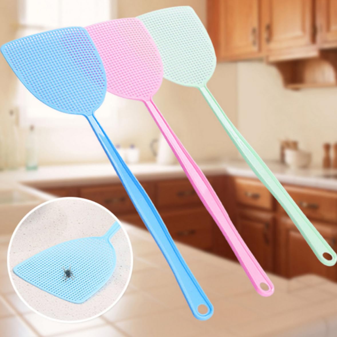 Neroyaner Garden Plastic Fly Swatter Manual Fly Control Swat Strong Heavy Duty Flyswatter with Long Handle 3PCS