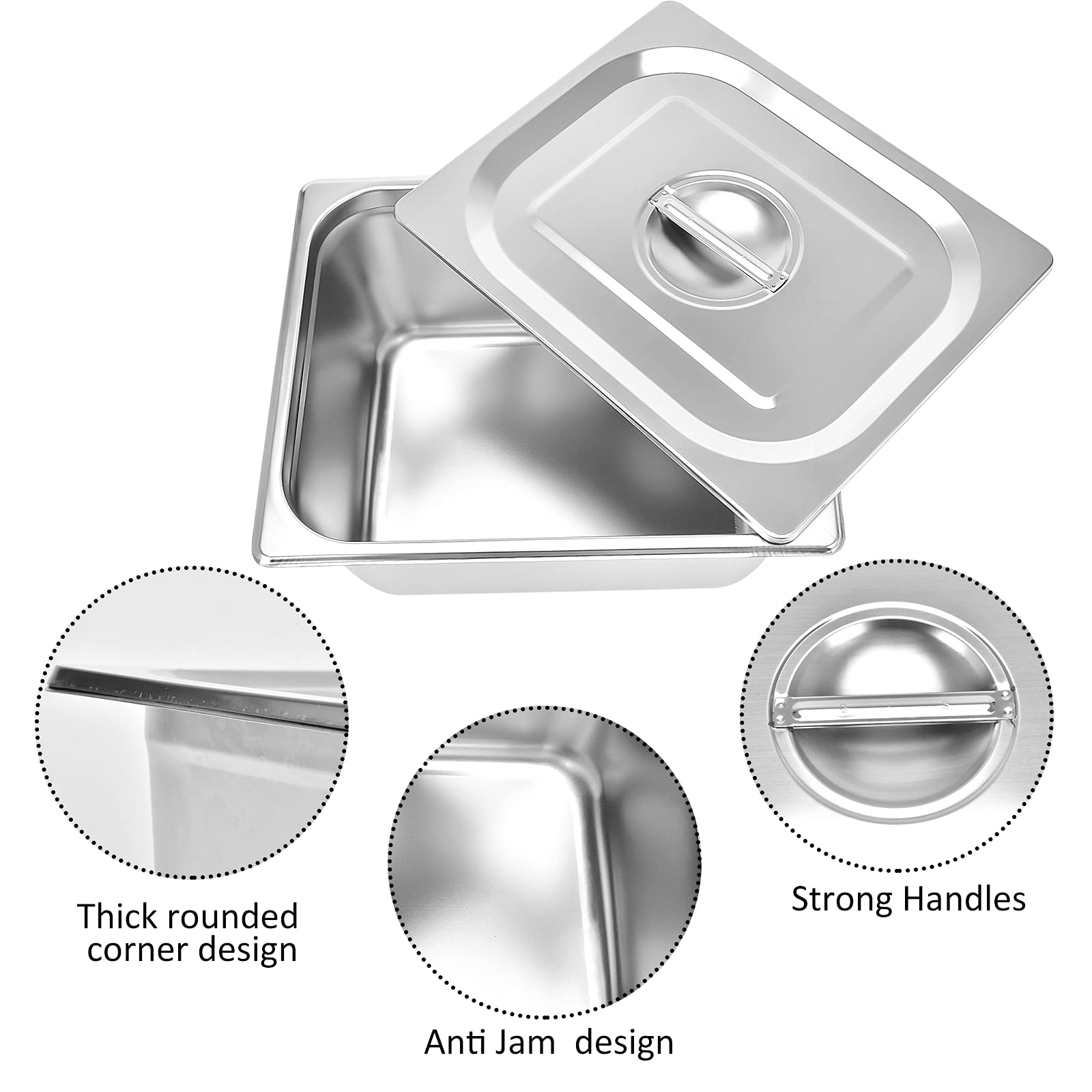 DatingDay 4 Packs Stainless Steel Hotel Pan,1/2 Size x 6" Deep,22 Gauge/0.7mm Thick Steam Table Pan Anti Jam Steam Table Pan with Lid,Stainless Steel Container (1/2 Size x 6" Deep)