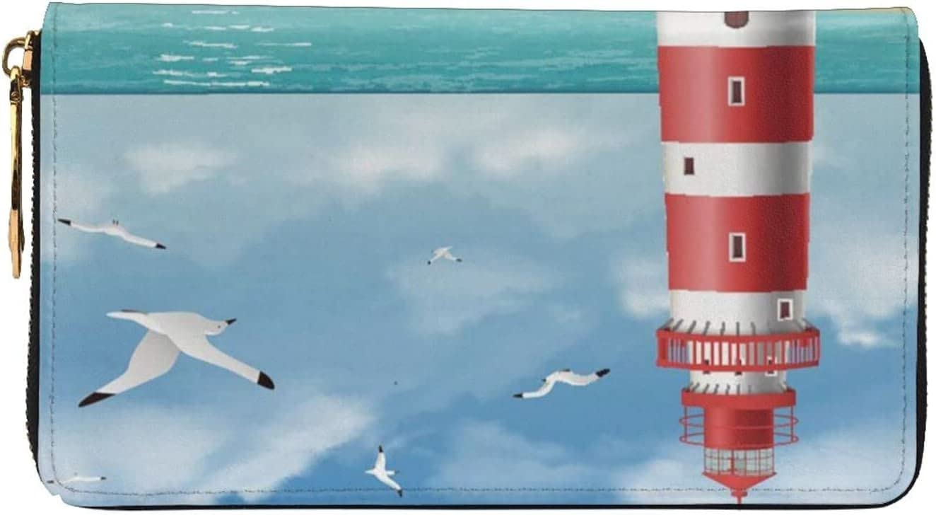 Bird Flying Over Red White Lighthouse Leather Wallet Long Clutch Purse Fashion Wristlet Handbag