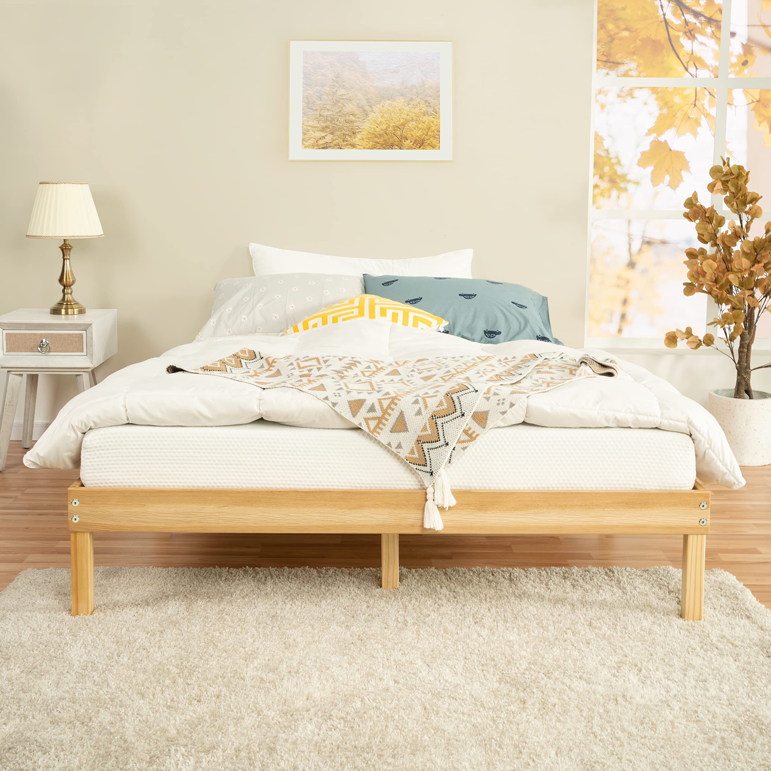Linda 14 Inch King Solid Wood Platform Bed Frame, No Squeak Bed Frame with Wooden Slats, No Box Spring Needed, 9.2” Under Bed Storage – Natural