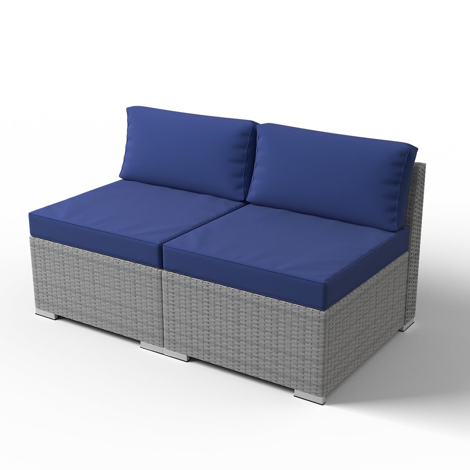 EAGLE PEAK 2 Piece Outdoor Armless Wicker Sofa Set, Outdoor Patio Armless Chairs with Removable Cushions, Sectional Wicker Loveseat, Dark Blue