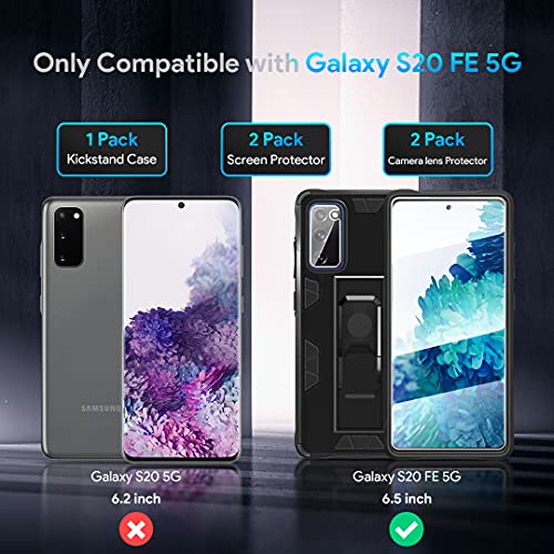 HATOSHI Samsung Galaxy S20 FE 5G Case with 2 Pack Glass Screen Protector+ 2 Pack Camera Lens Protector, [Military Shockproof] Magnetic Ring Kickstand Protective Phone Cover for Samsung S20 FE, Black