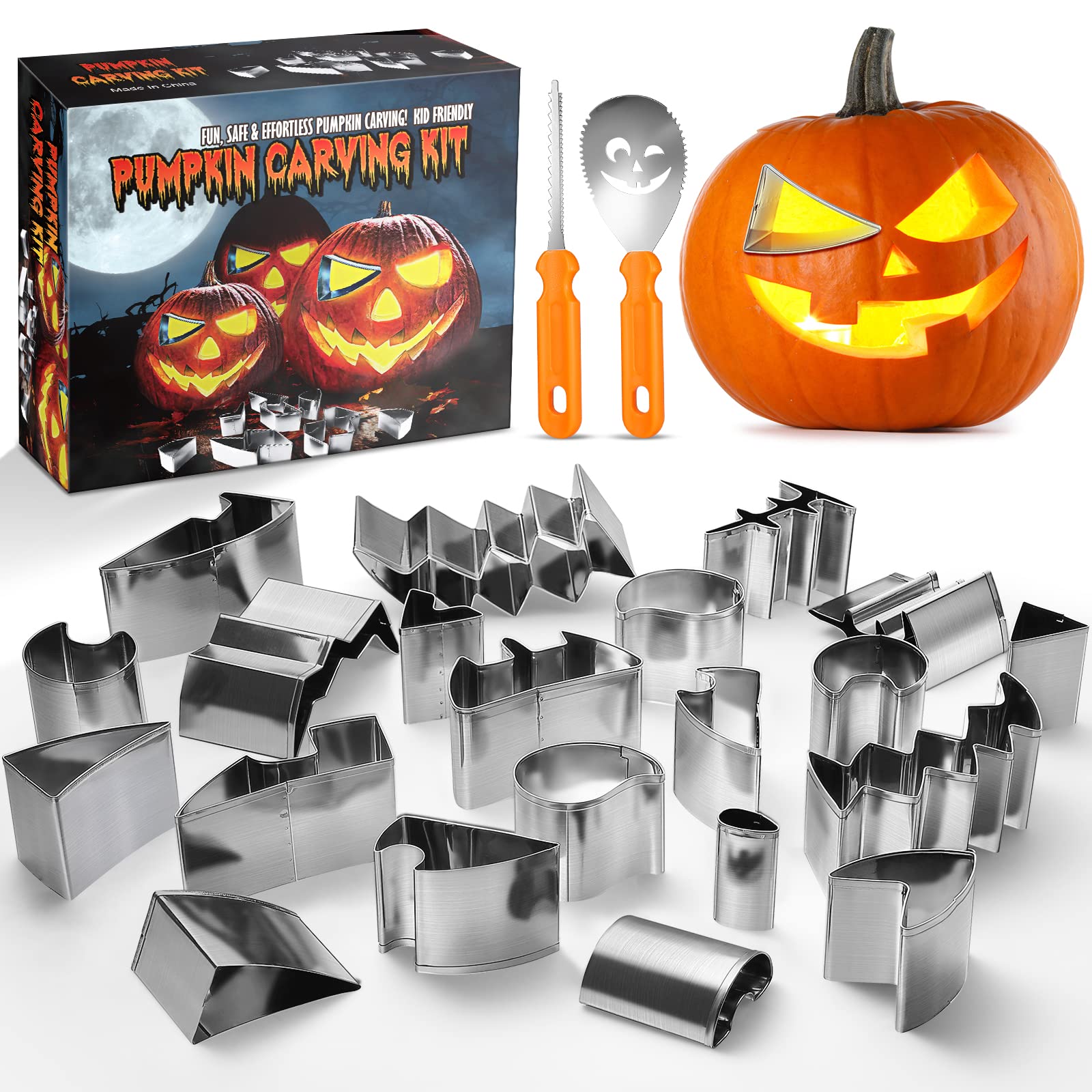 Bifrost Halloween Pumpkin Carving Kit - 24 Pcs Stainless Steel Pumpkin Carving Knife Sets with Stencils & Storage Bucket for Halloween
